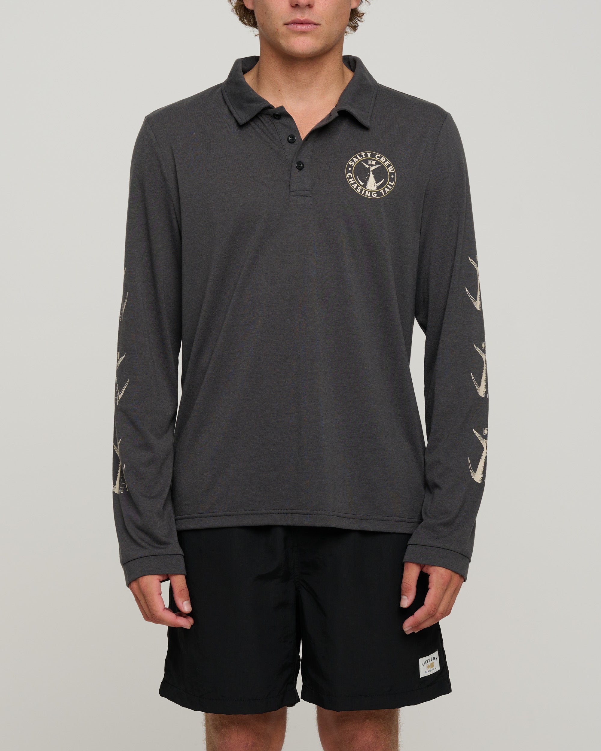Tailgate Polo Long Sleeve Sunshirt - Coal | Salty Crew Australia